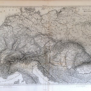 1851 Vintage Map of Central Europe Rivers and Mountains - Antique Map ...