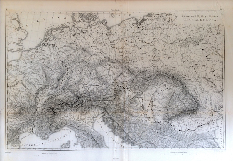 1851 Vintage Map of Central Europe Rivers and Mountains - Etsy