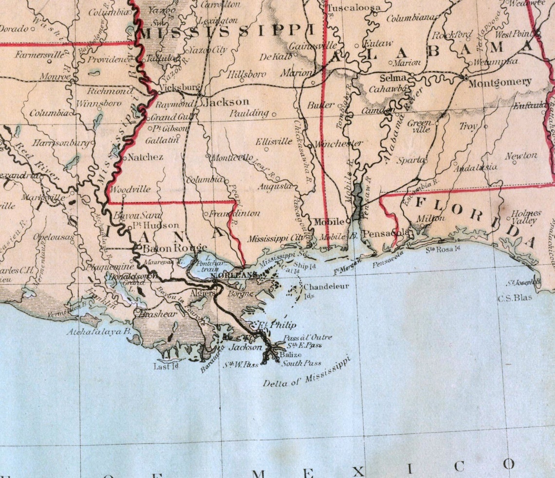 1866 Antique Map of the Gulf States of the US United States | Etsy