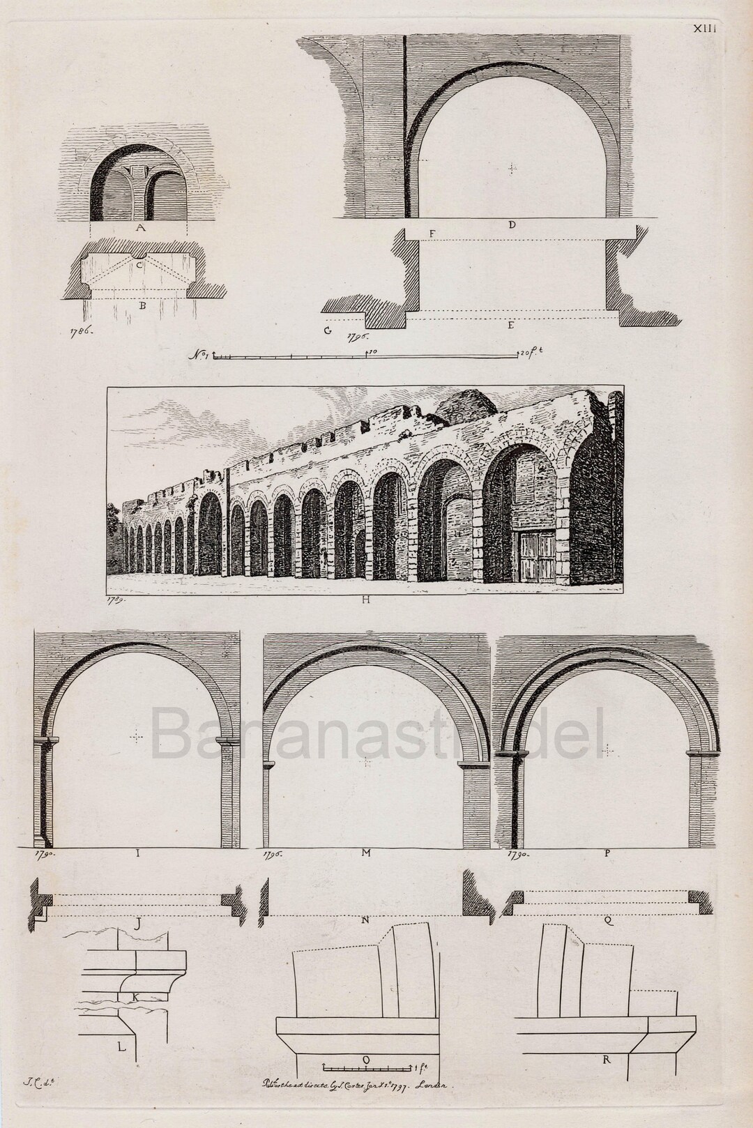1845 Rare Large English Antique Print - Arches and Gateway, Saxon ...