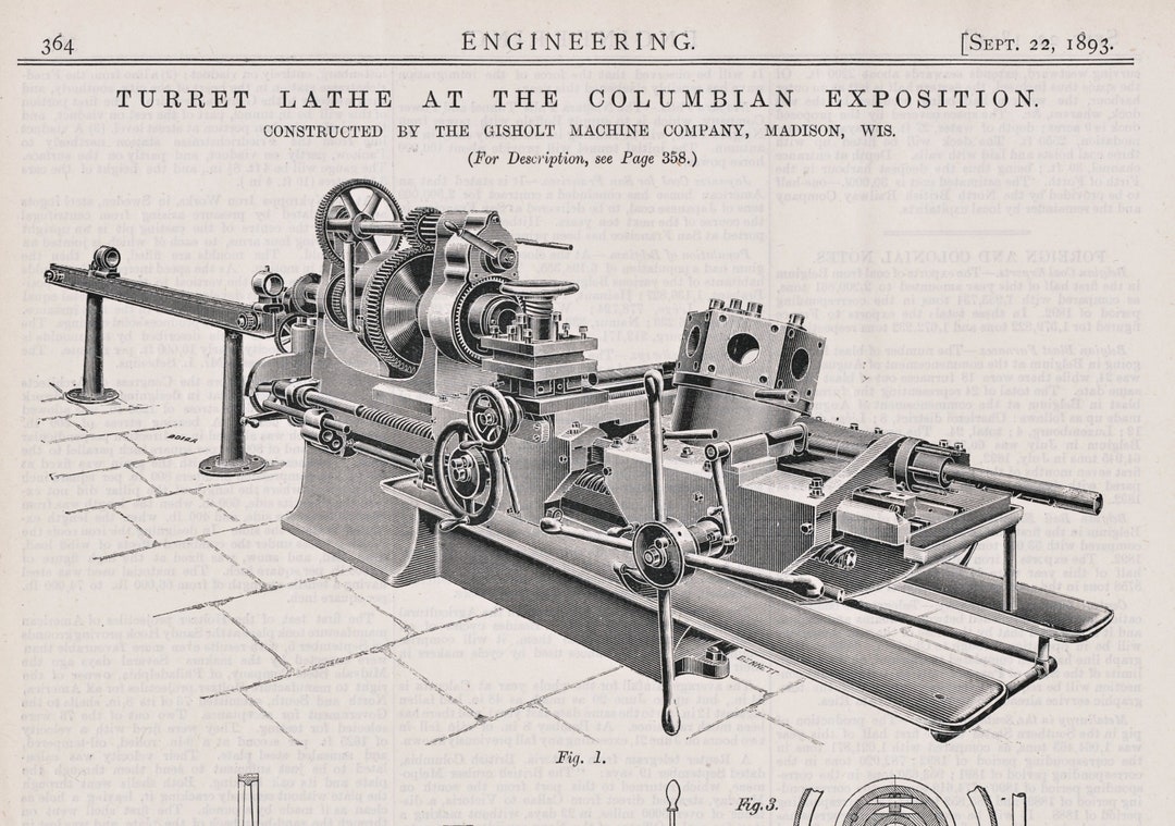 1893 Antique Print of a Turret Lathe - Victorian Technical Illustration ...