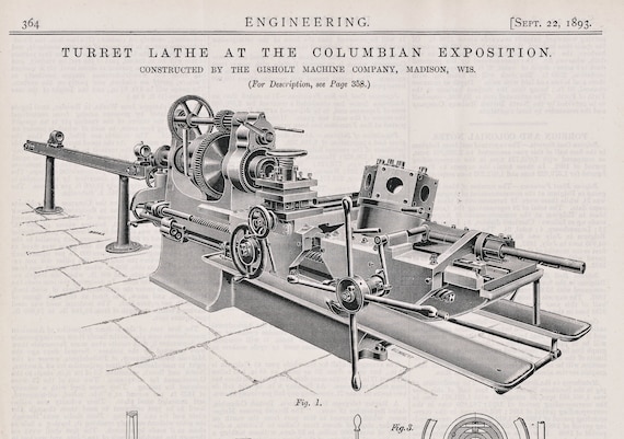 1893 Antique Print of a Turret Lathe Victorian Technical | Etsy