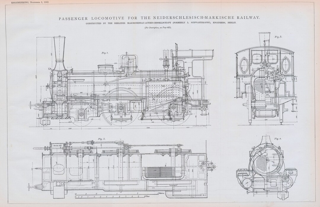 1882 Large Antique Engineering Drawing Passenger Locomotive - Etsy