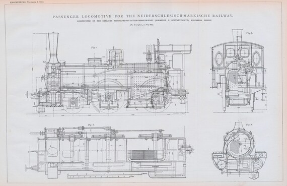 1882 Large Antique Engineering Drawing Passenger Locomotive | Etsy