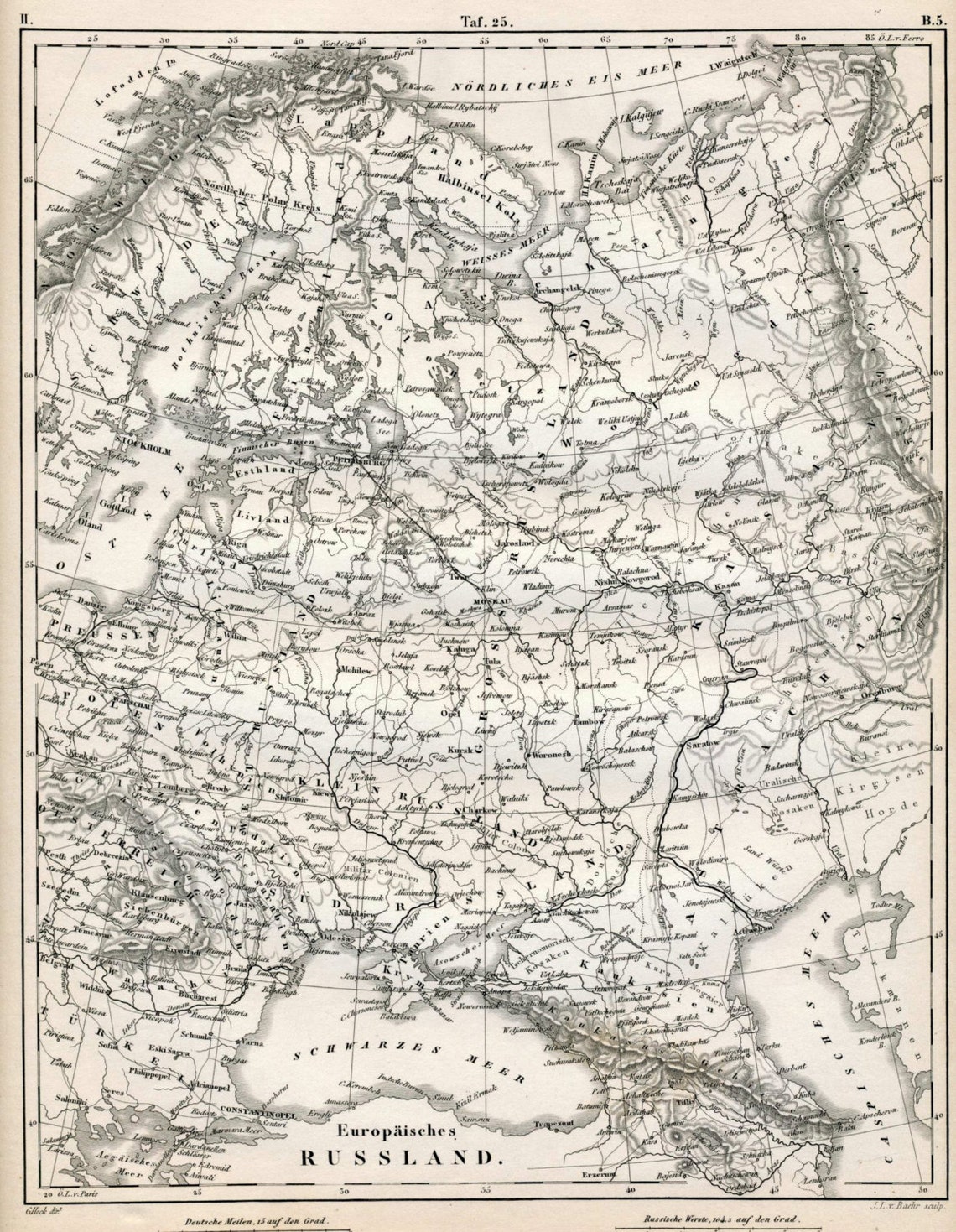 1860 German Vintage Map of European Russia Black and White - Etsy