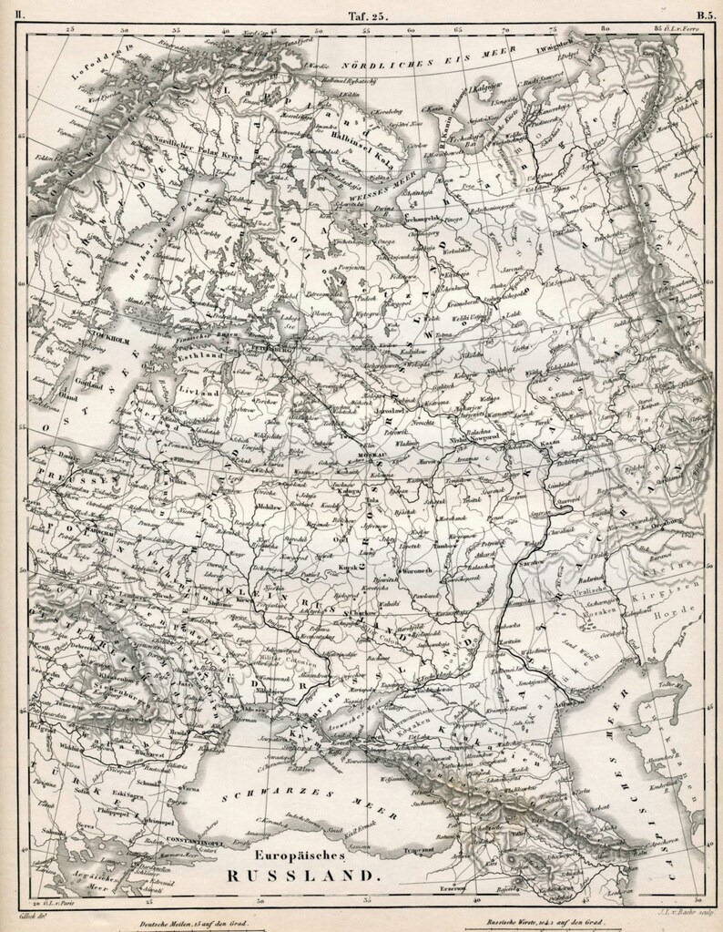 1860 German Vintage Map of European Russia Black and White - Etsy
