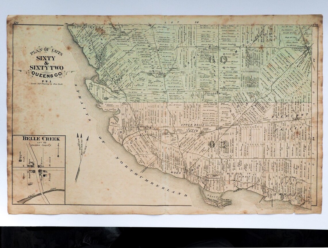 1880 Antique Map of Prince Edward Island - Lots 60 and 62 - Queens County - PEI Map - Wood ...