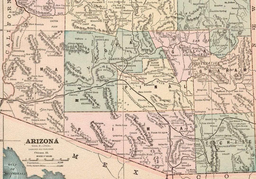 Antique Map of Arizona - Published 1888 - Etsy