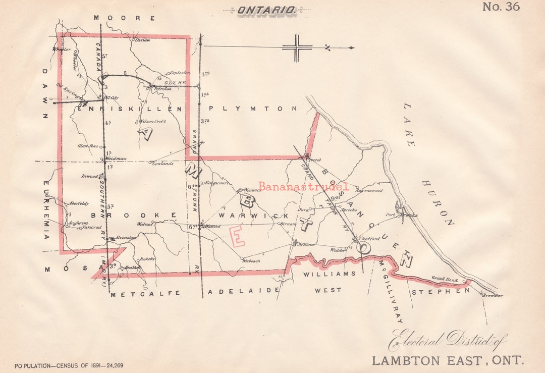 Antique Map of Lambton East, Ontario - 1895 Electoral Map - Petrolia ...
