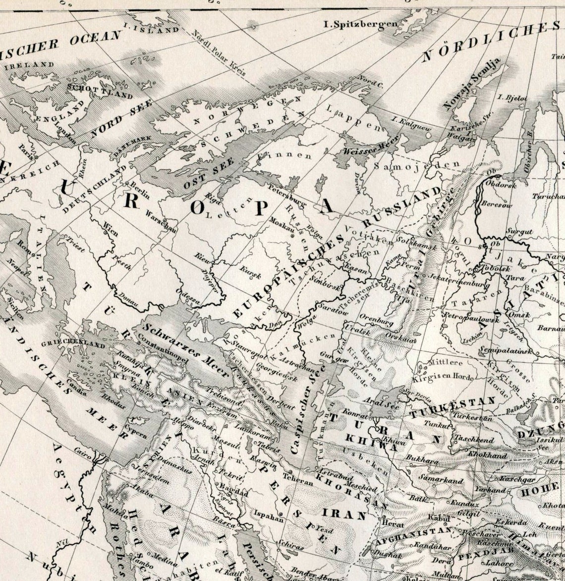 1860 German Vintage Map Asia Black and White - Etsy