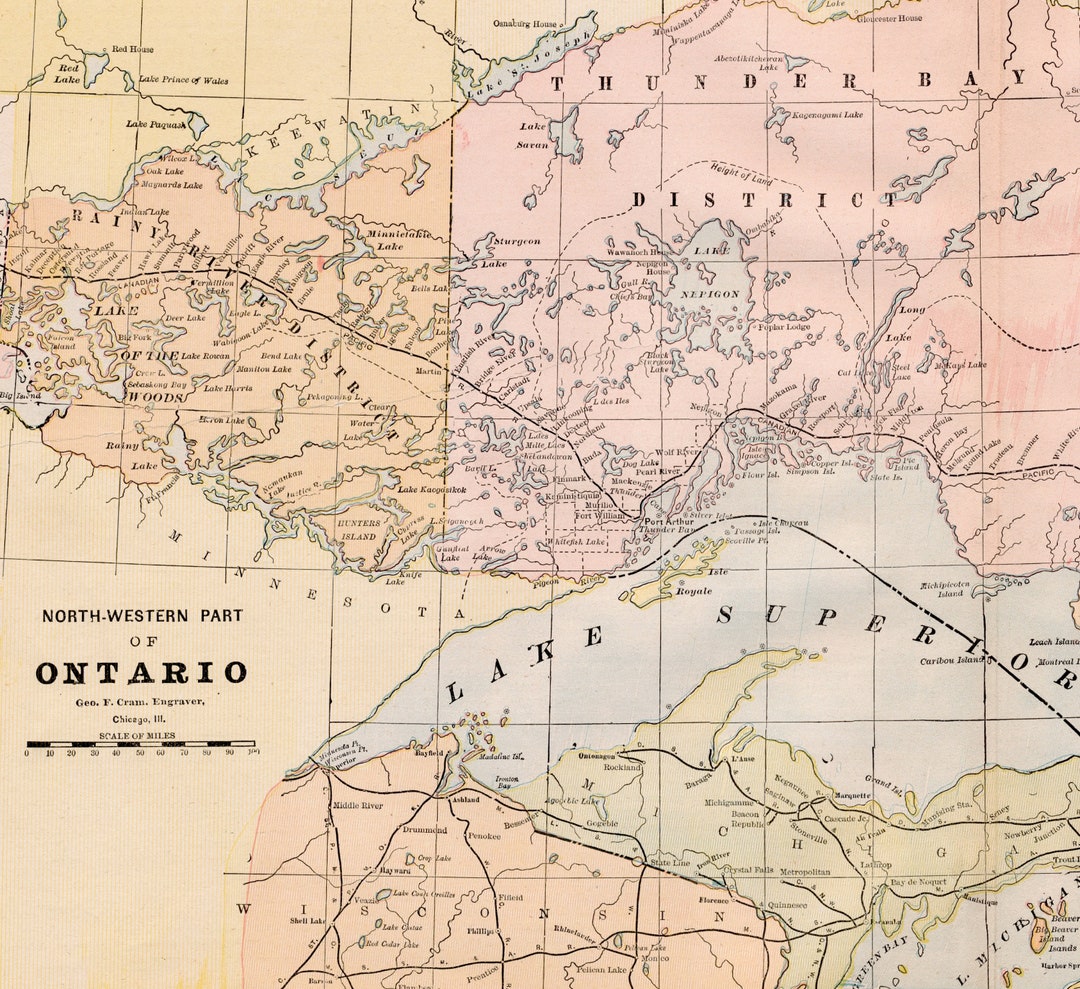 Antique Map of Northwestern Ontario, Canada - Large Double Page Vintage ...