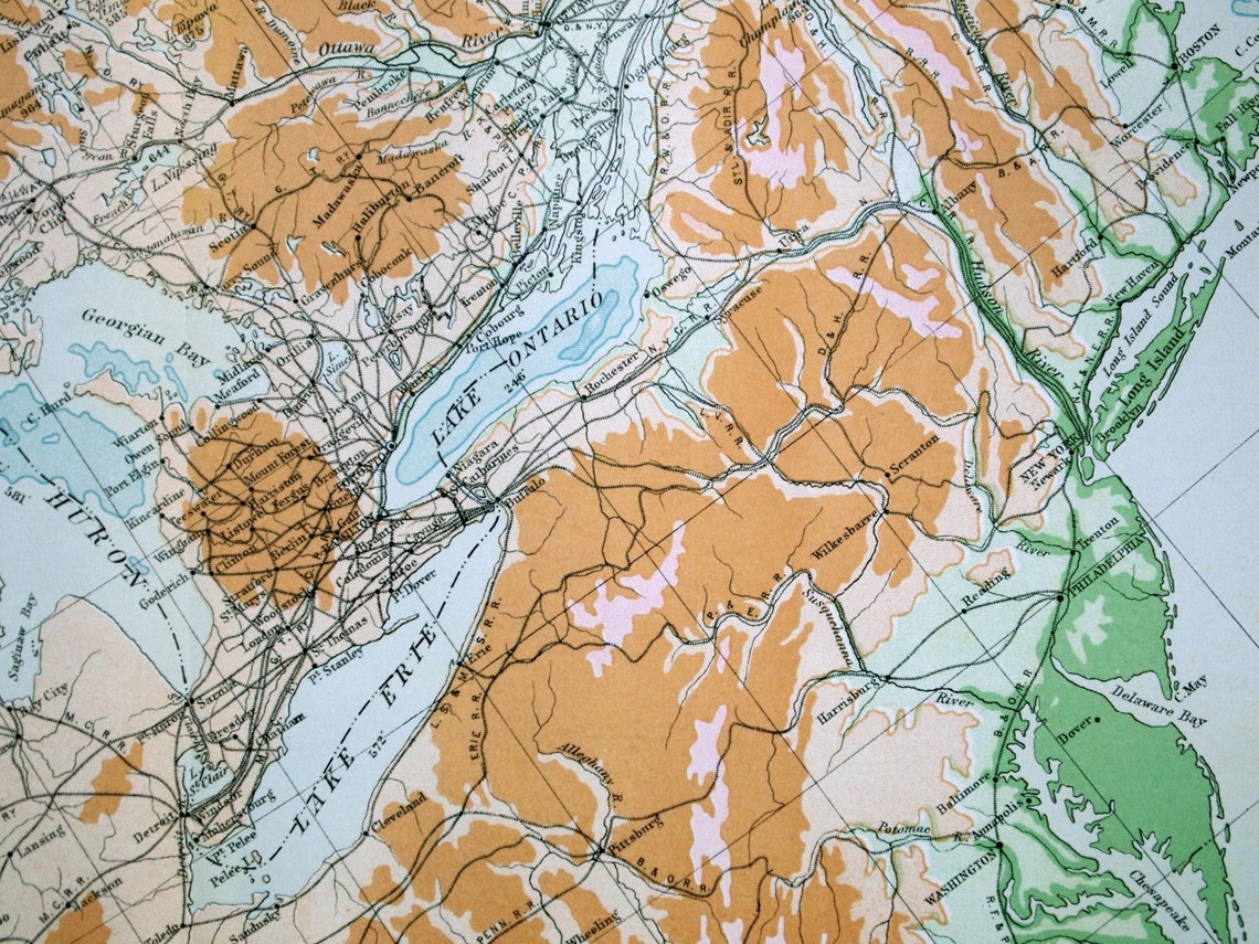 1915 Antique Map of Canada - Physical Map - East Sheet - Ontario ...