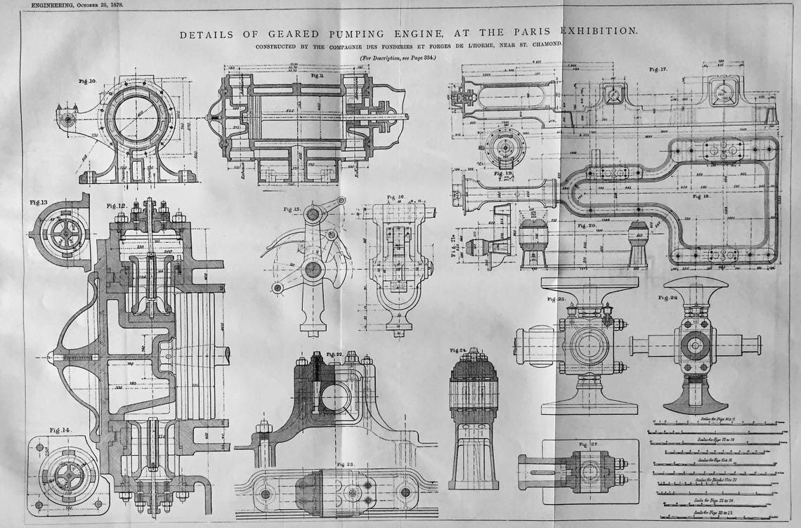 1878 Large Antique Blueprint of Geared Pumping Engine | Etsy