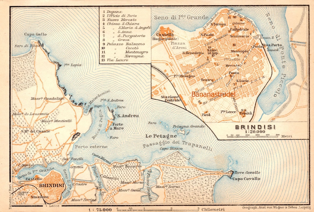 Antique Map of Brindisi, Italy - Published 1883 - Etsy