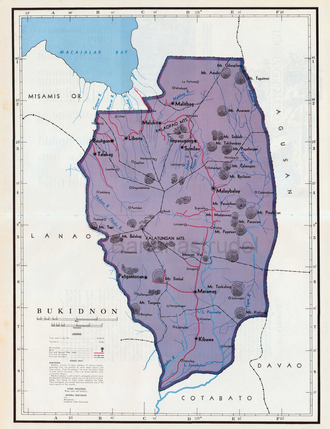 Bukidnon, Philippines - RARE Large Vintage 1959 Map - Malaybalay ...