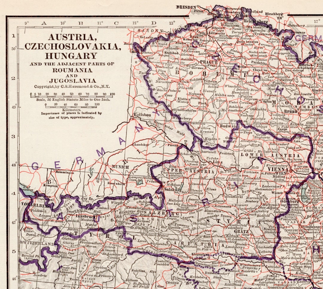 Large Antique Map of Austria, Czechoslovakia, Hungary, and Parts of ...