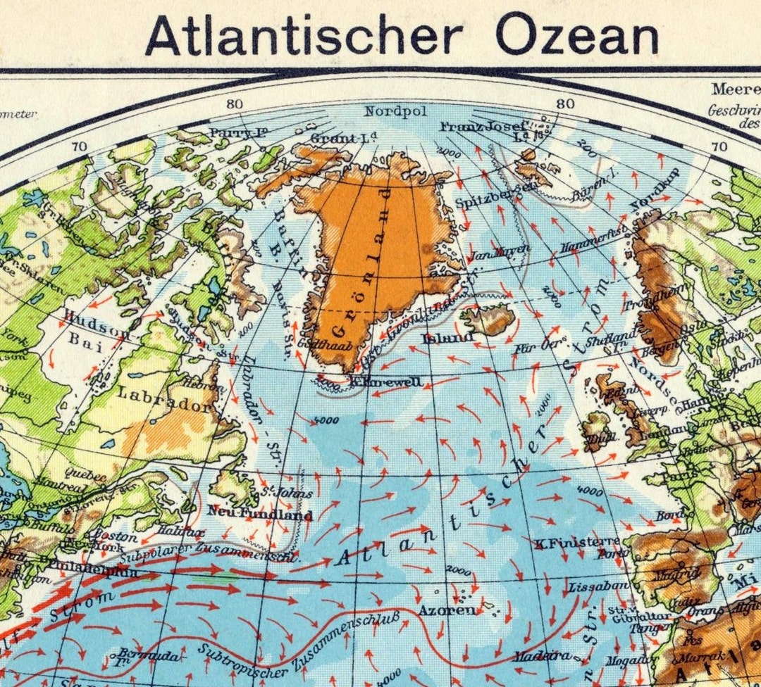 1928 German Antique Map of the Atlantic Ocean - Etsy