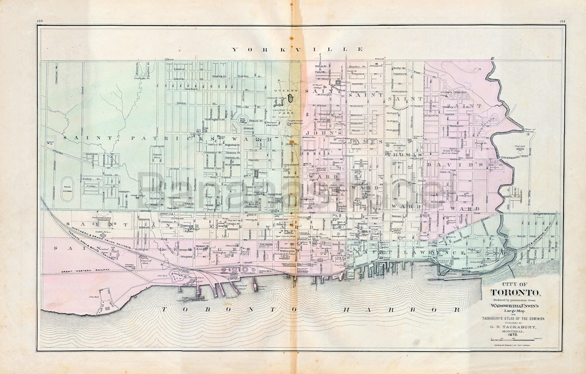 1875 Rare Antique Map of Toronto, Ontario - Double Page Hand Coloured ...