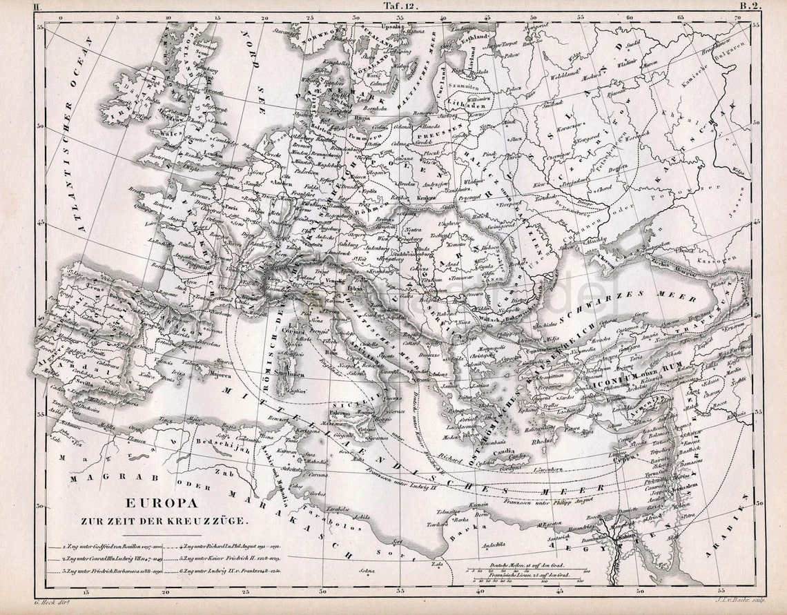 1851 German Vintage Map of Europe During the Crusades - Etsy