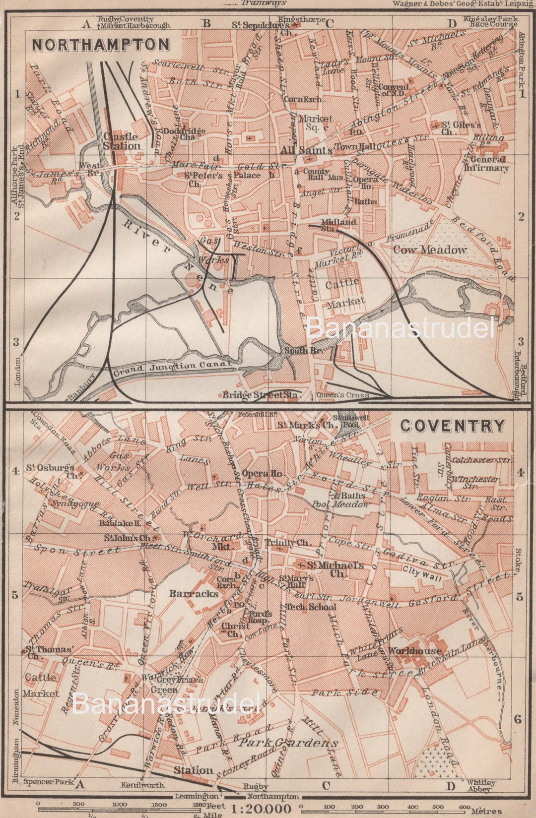 1906 Antique City Maps of Northampton and Coventry, UK - Etsy