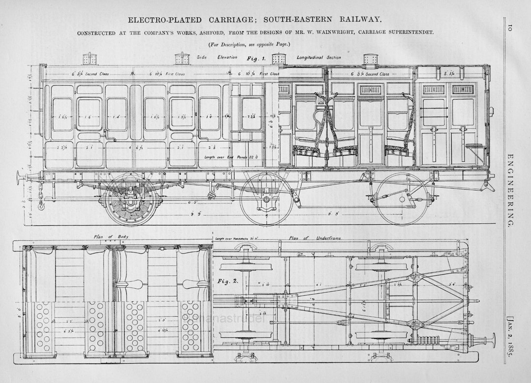 1885 Antique Engineering Drawing / Blueprint of Electro-plated Carriage ...