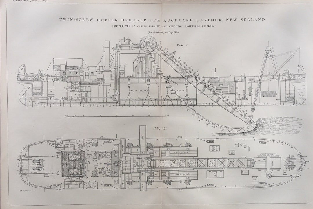 Antique Print of a Twin-screw Hopper Dredger for Auckland Harbour ...