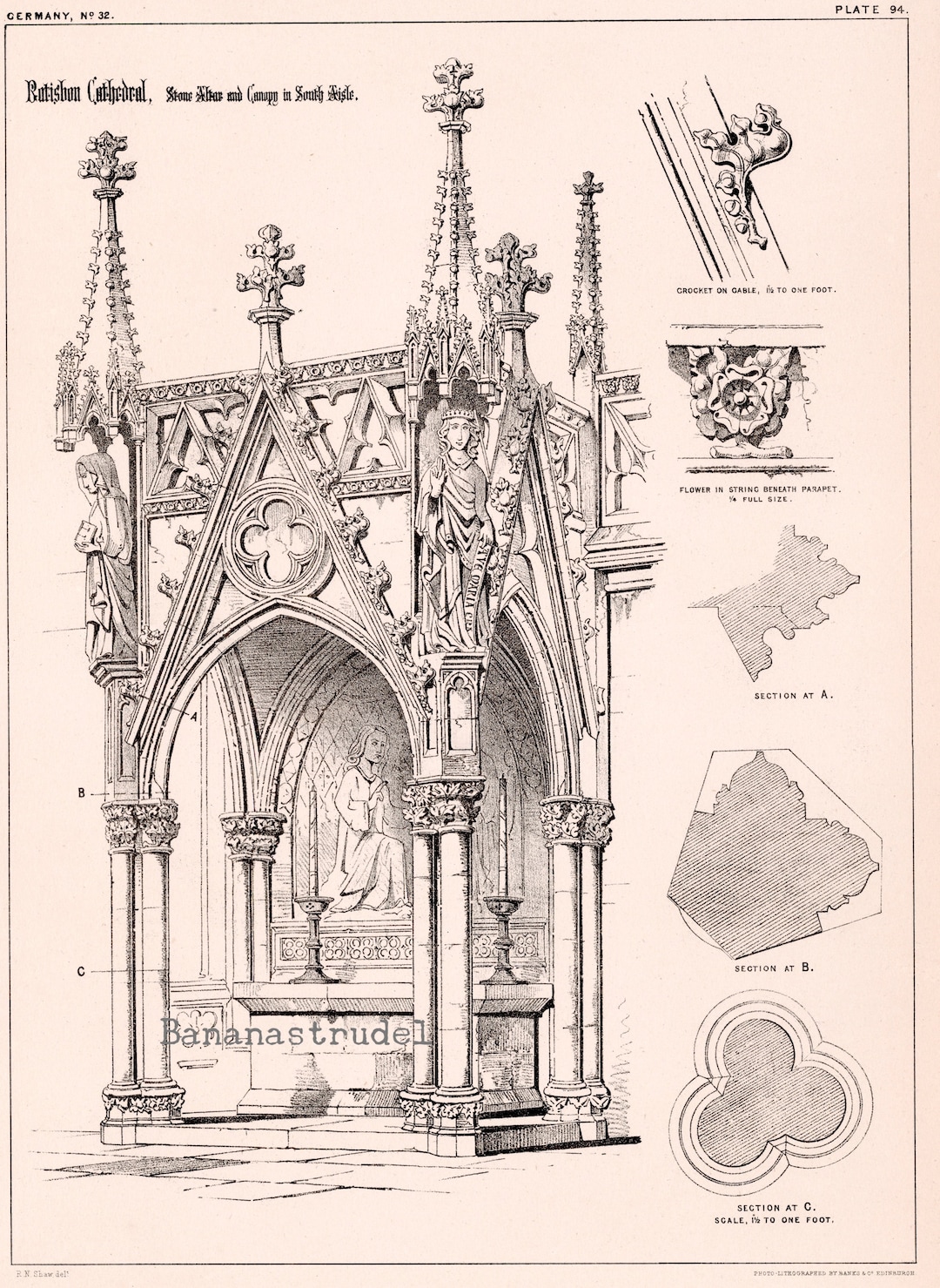 Large Antique Print of the Stone Altar and Canopy at the Ratisbon ...