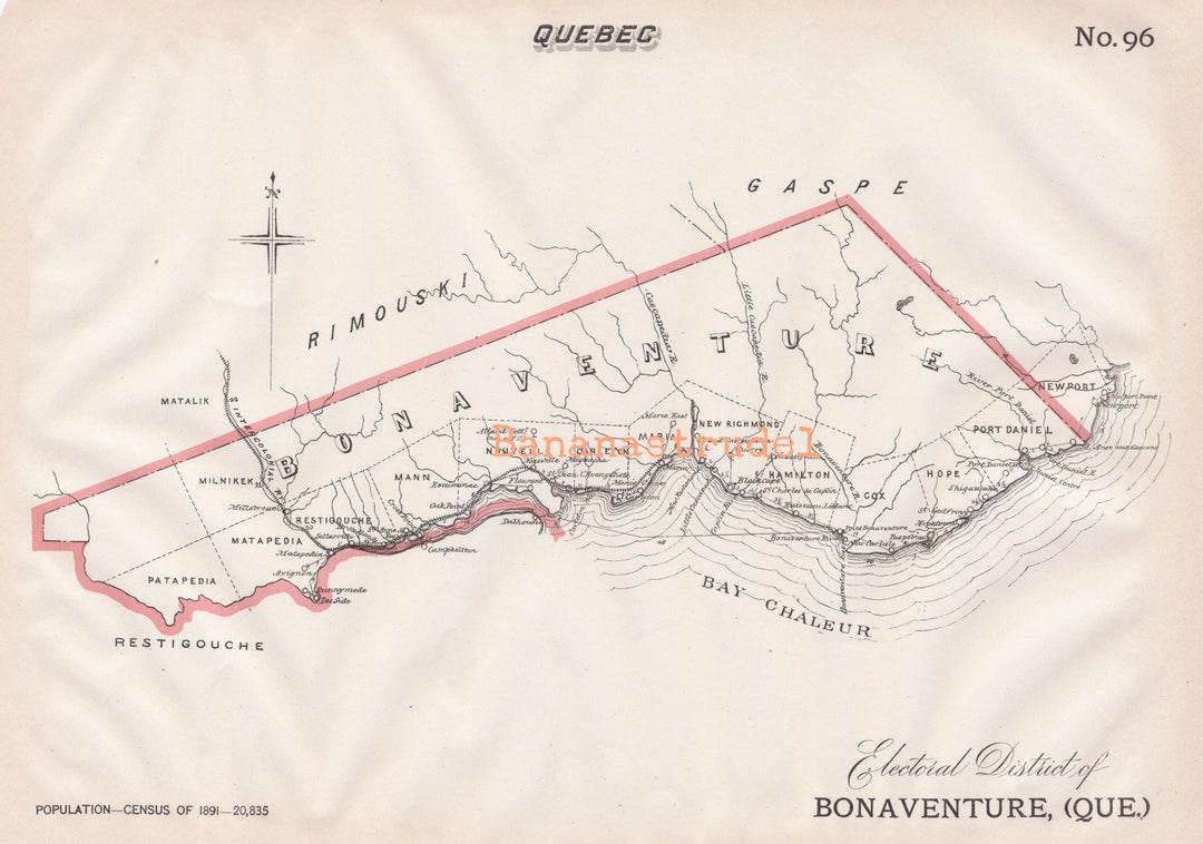 Antique Map of Bonaventure Quebec - Published 1895 - Vintage Electoral ...