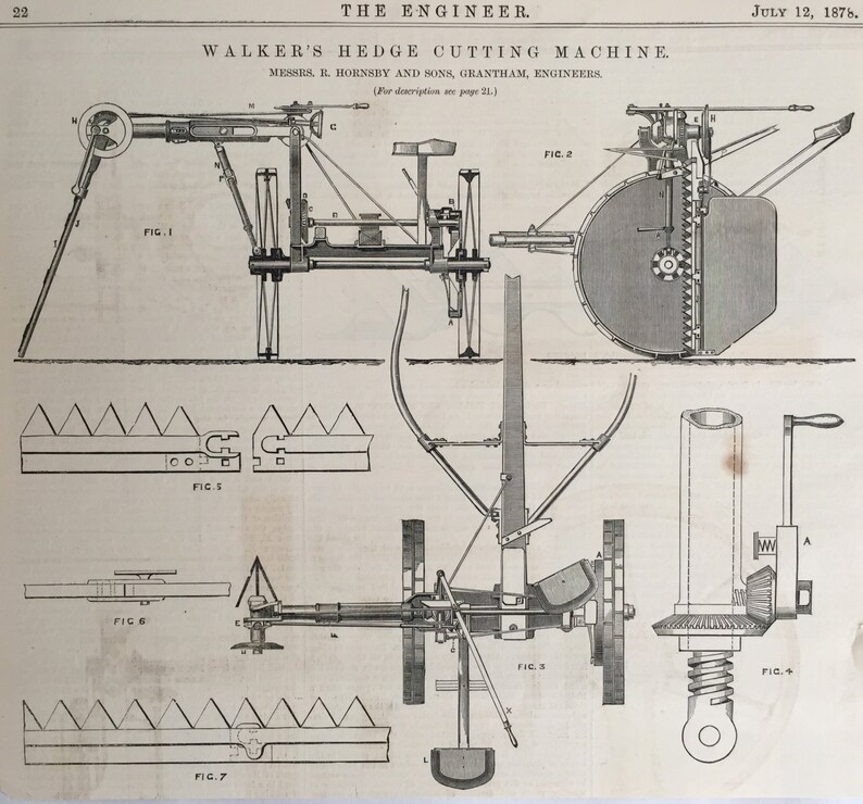 1878 English Antique Print of a Hedge-cutting Machine Old | Etsy
