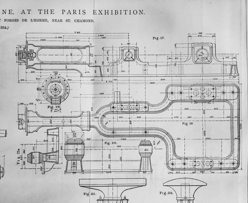 1878 Large Antique Blueprint of Geared Pumping Engine - 2-panel ...