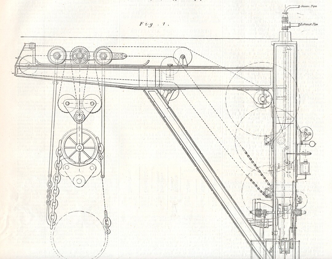 Antique Print of a Sixty-ton Steam Crane - Victorian Technical Drawing ...