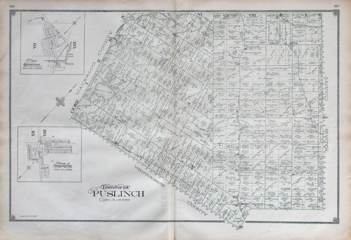 1906 Rare Large Antique Map of Puslinch Township, Wellington County ...