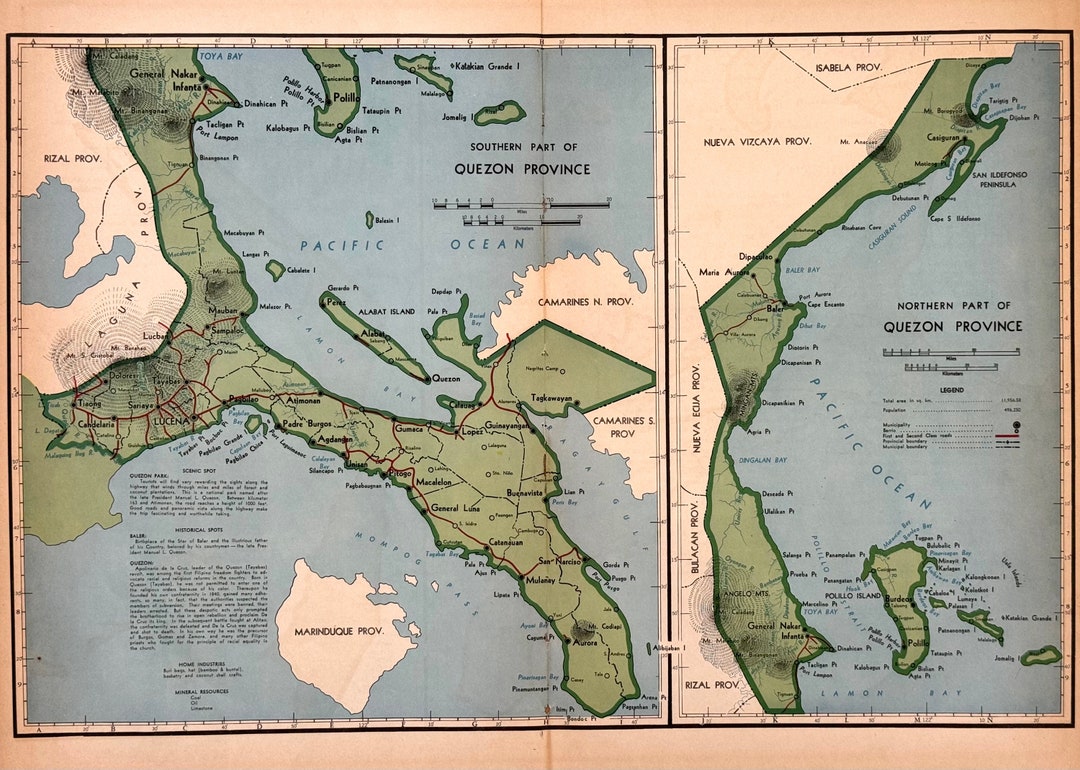Large Vintage Map of Quezon, Philippines - Infanta - Lucena - Tayabas ...