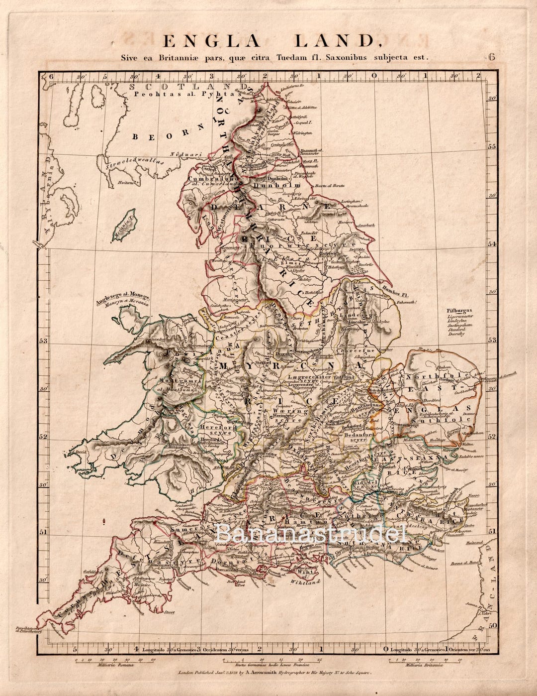 1828 Antique Map of Anglo-saxon England - Early Medieval England - Hand ...