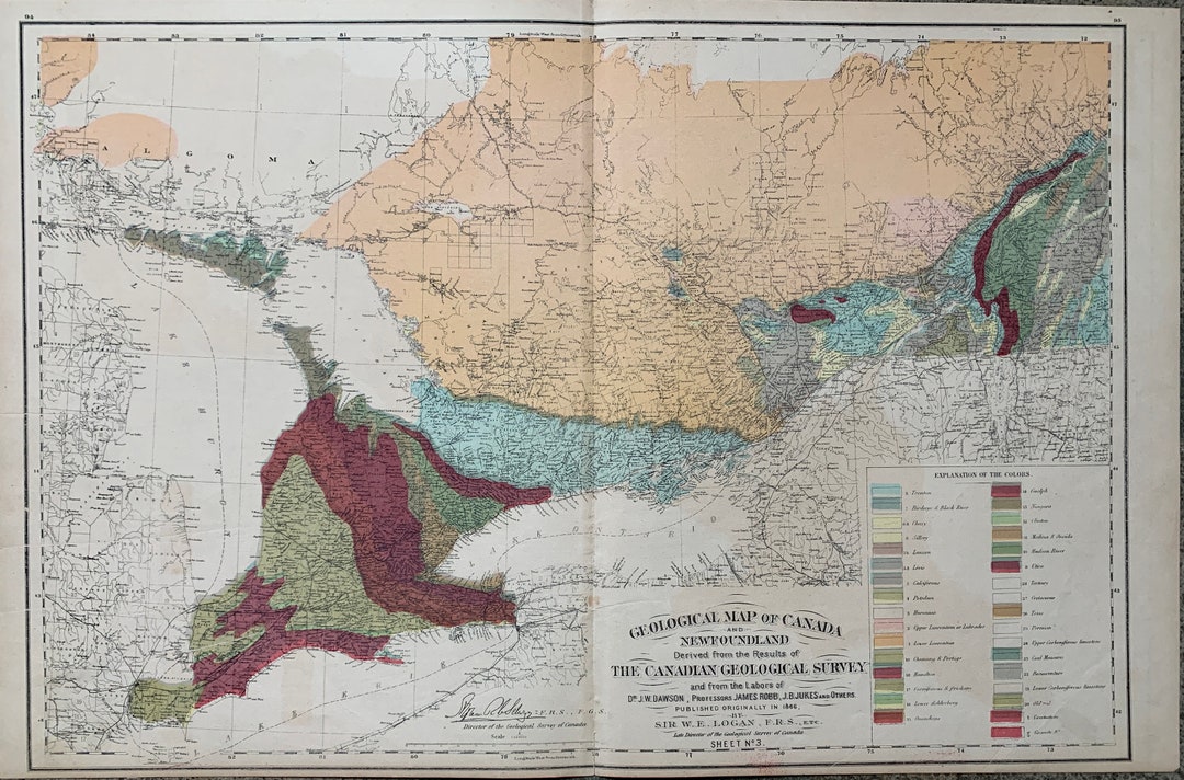1880 Antique Geological Map of Canada and Newfoundland Canada ...