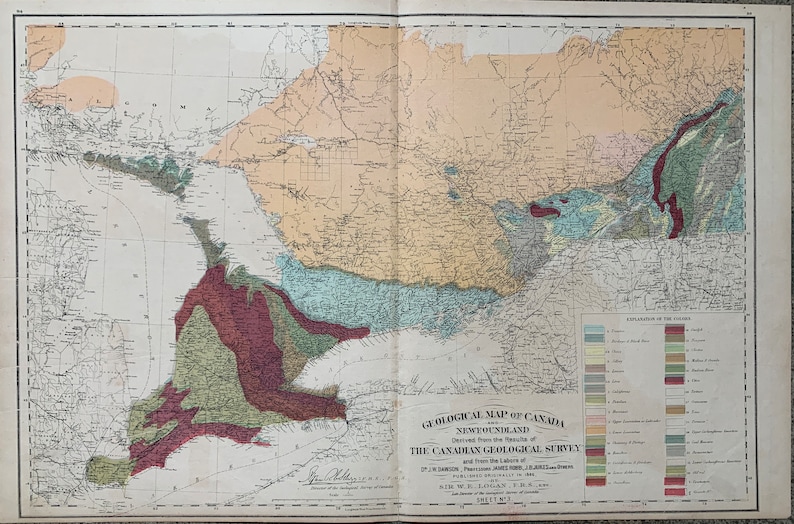 1880 Antique Geological Map of Canada and Newfoundland Canada - Etsy