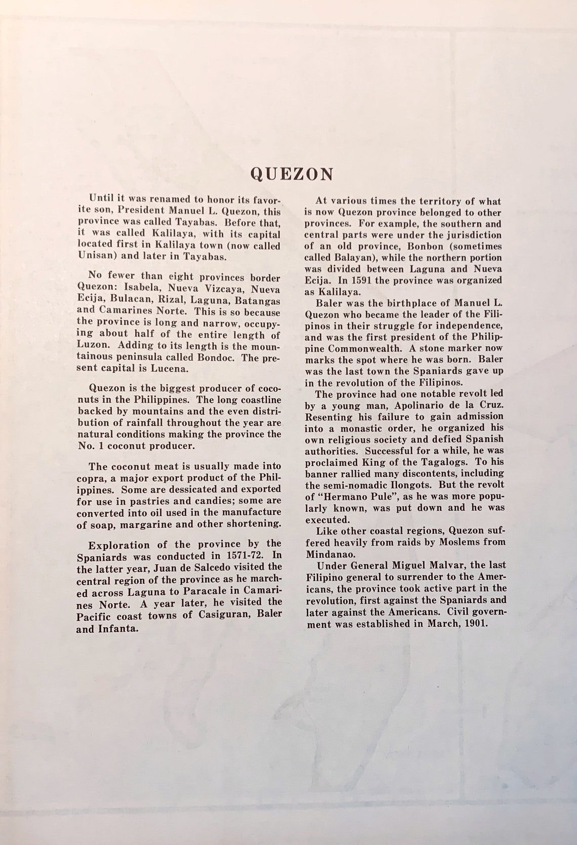 Large Vintage Map of Quezon, Philippines - Infanta - Lucena - Tayabas ...