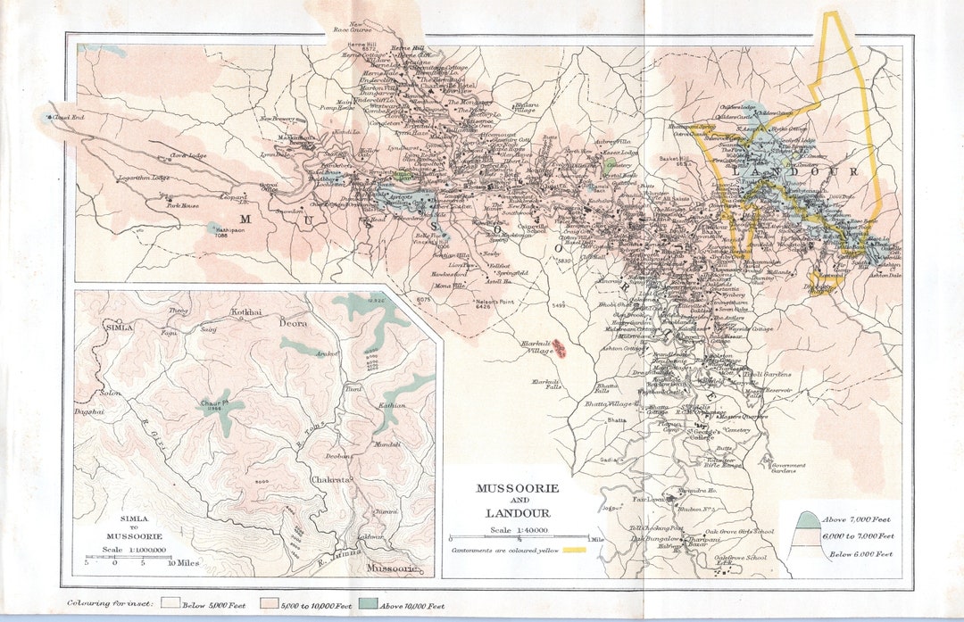 Vintage Map of Mussorie and Landour, India - Uttarakhand - Himalayas ...