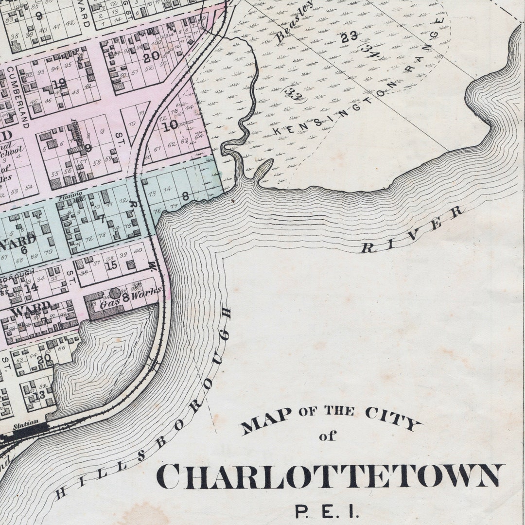 1880 Large Rare Vintage City Map of Charlottetown, PEI - Vintage City ...