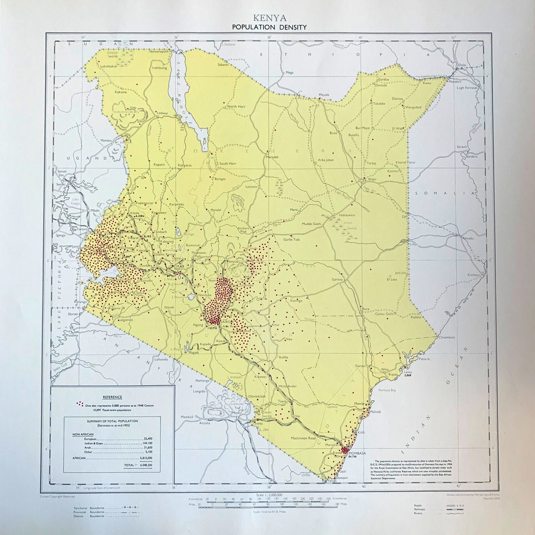 Kenya Map - Population Density - RARE Large Vintage 1959 Map - Etsy
