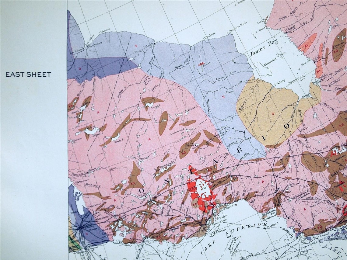 Large Antique Geological Map of Canada - 1915 Map - Geology, East Sheet ...