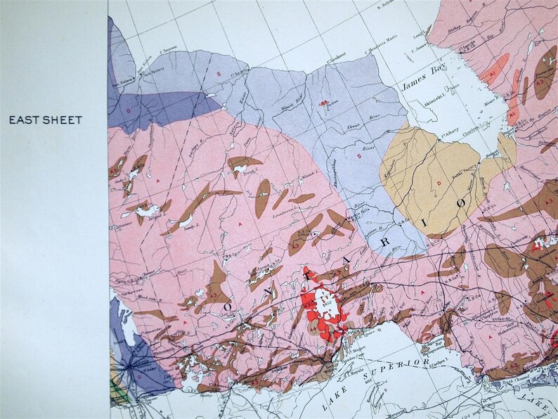 Large Antique Geological Map of Canada - 1915 Map - Geology, East Sheet ...