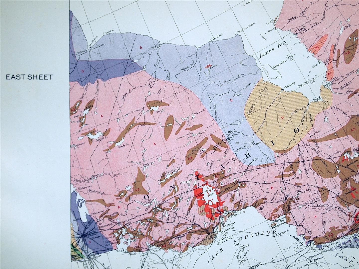 Large Antique Geological Map of Canada - 1915 Map - Geology, East Sheet ...