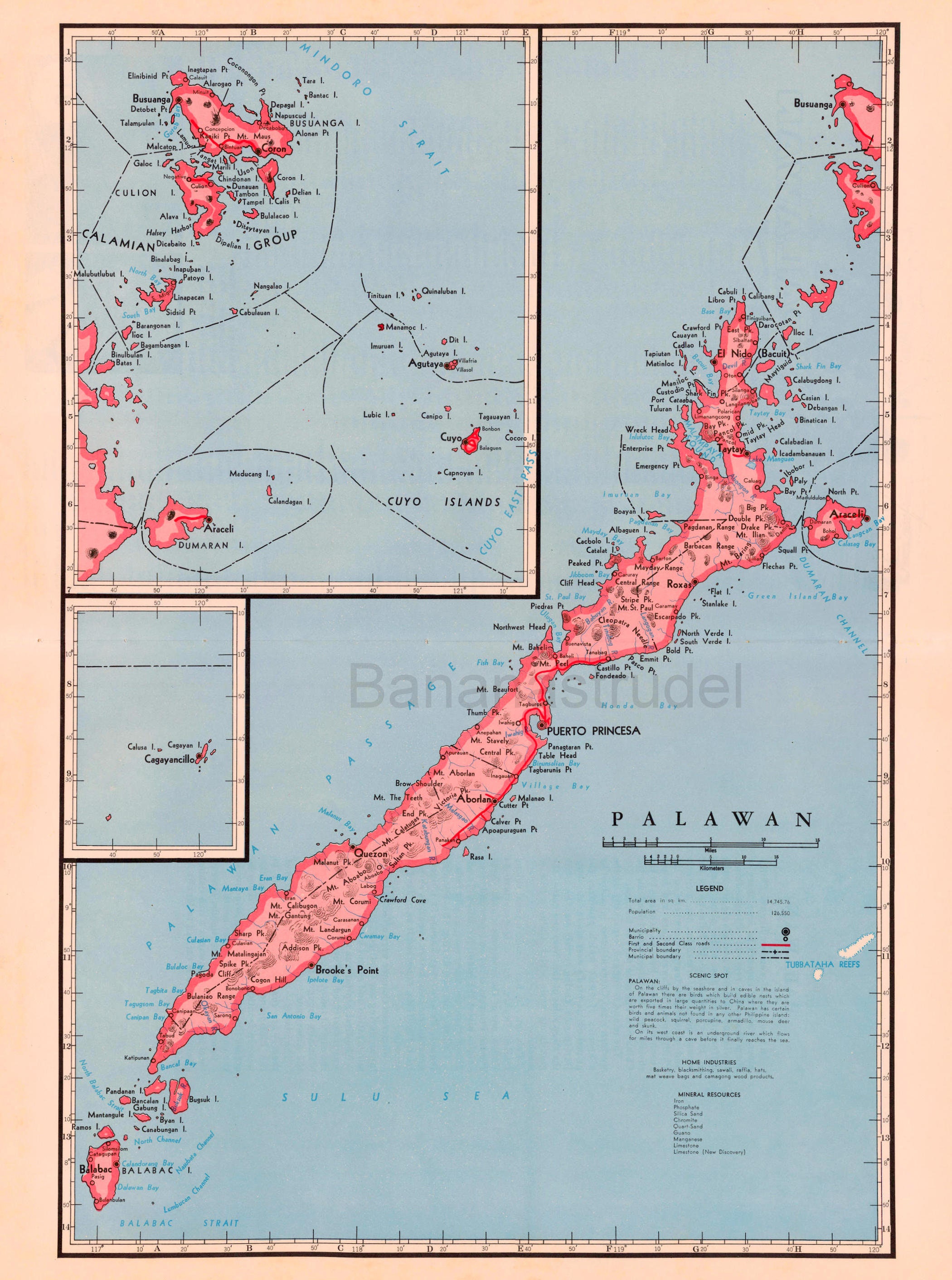 Palawan, Philippines - RARE Large Vintage 1959 Map - Puerto Princesa ...