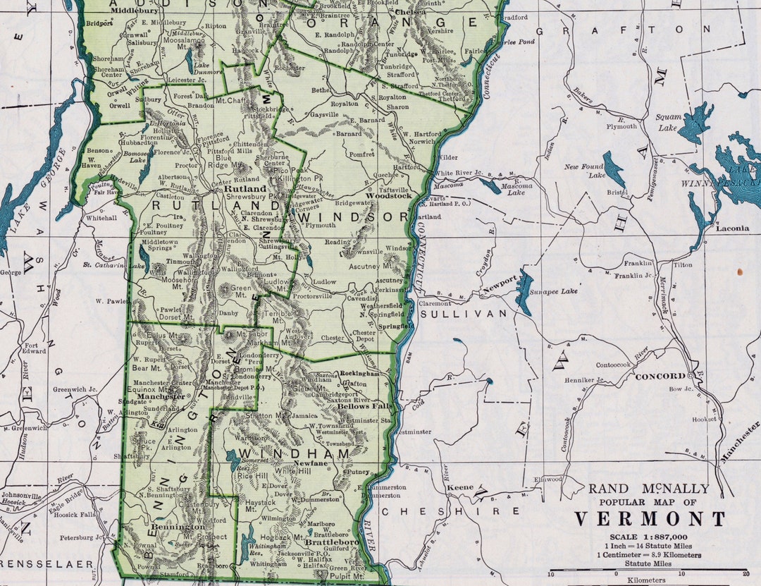 Vintage Map of Vermont - Blue and Emerald Green Map - Published 1940s ...