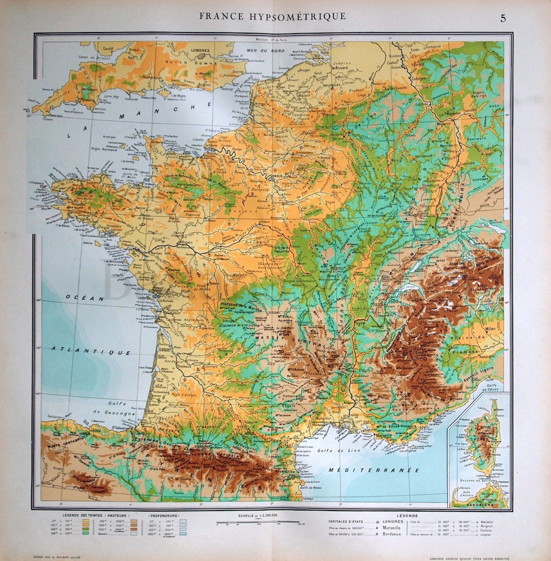 1923 Vintage Map of France -- Elevation (hypsometric) View - Fun With ...
