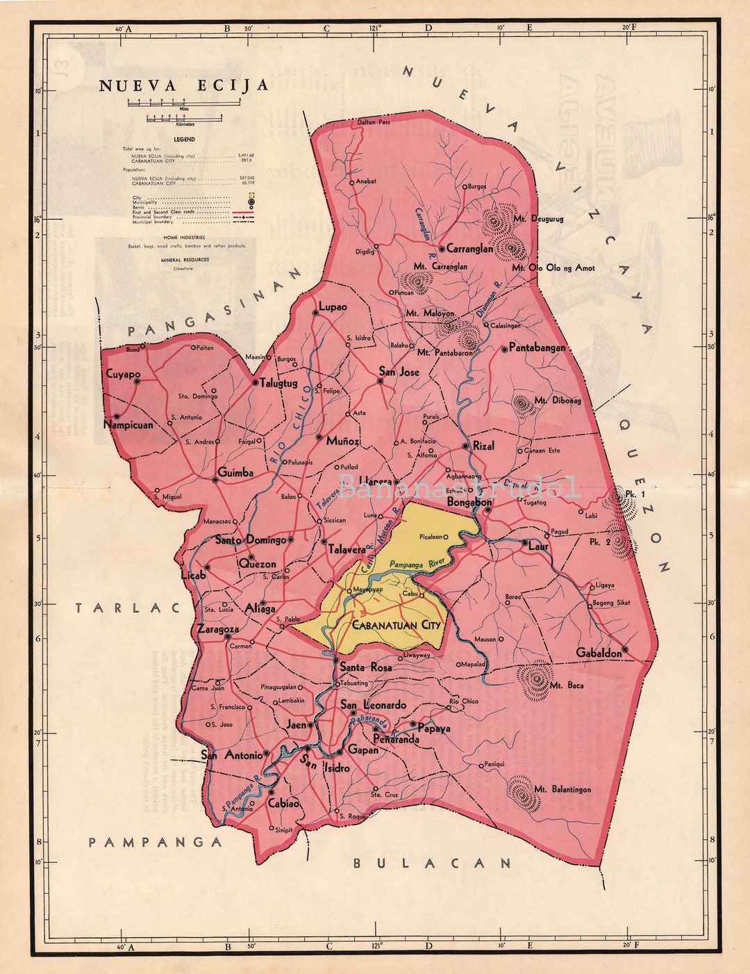 Nueva Ecija, Philippines - RARE Large Vintage 1959 Map - Cabanatuan ...