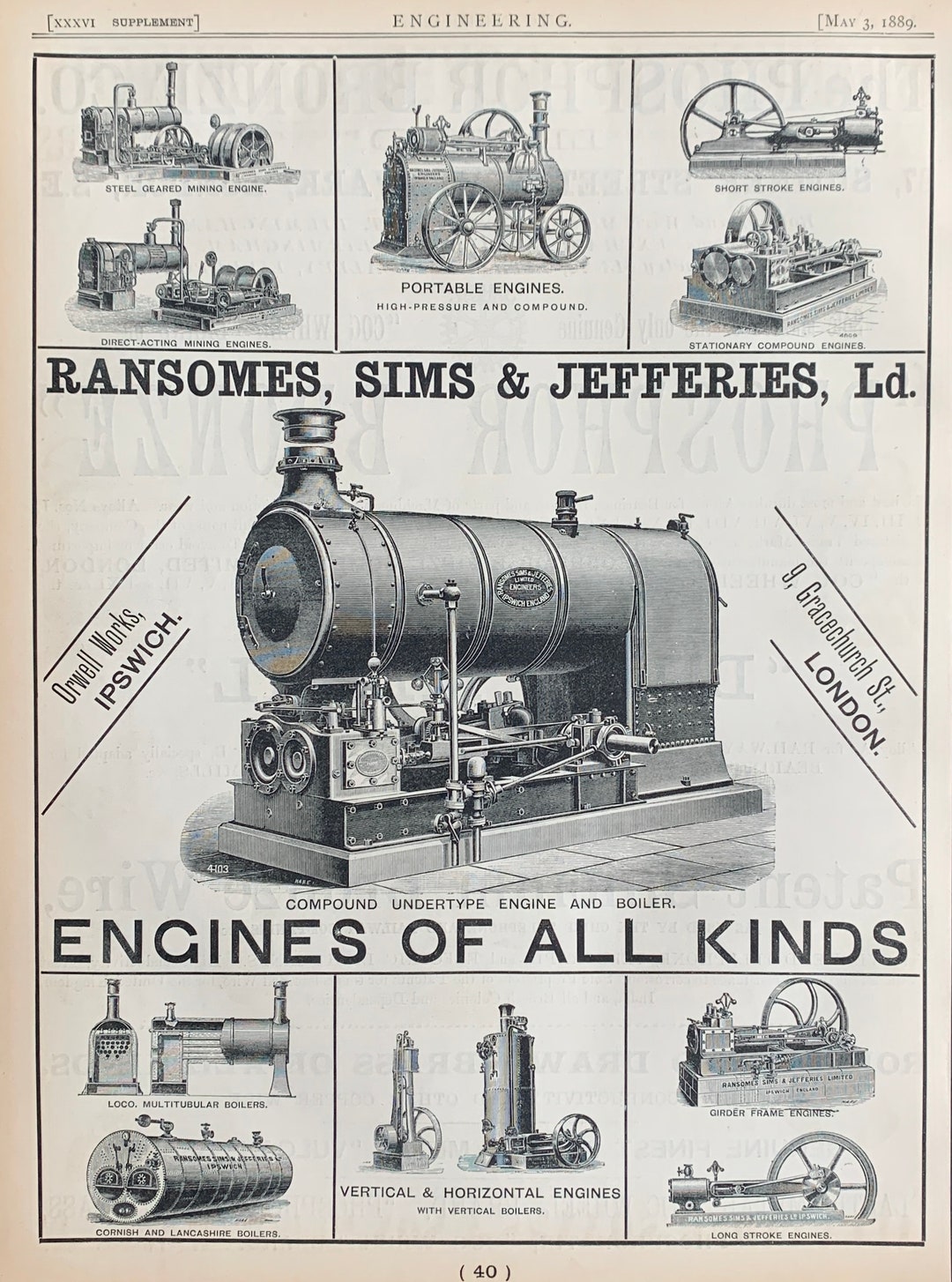 1889 Rare Antique Advertisement for Engines of All Kinds - Boilers ...