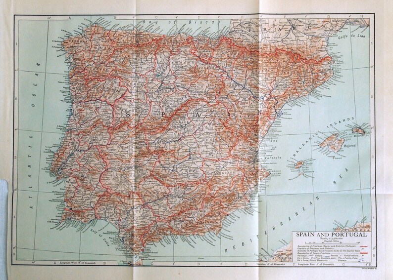 1911 Antique Map of Spain and Portugal - Antique Spain Map - Antique ...