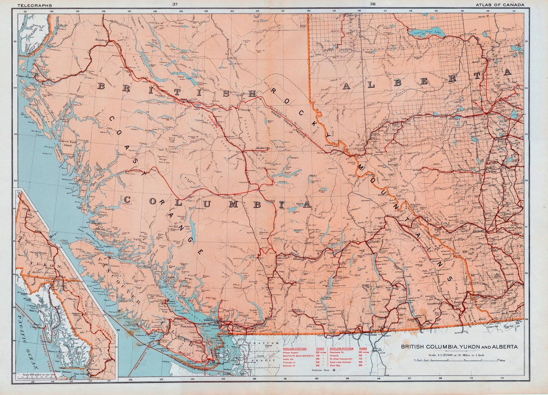 1915 Large Vintage Map of British Columbia - Telegraphs - Yukon ...